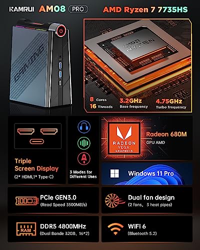 KAMRUI Ryzen Mini PC Gaming,32GB DDR5 Dual Channel 512GB SSD Mini Computer Tower with AMD Ryzen 7 7735HS, Small Desktop Computers Support 4K Triple Screen,RGB Lights,WiFi6,BT5.2,Type C,Windows 11 Pro