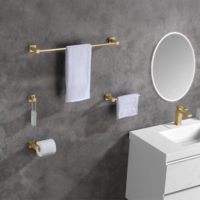 KIBI Cube Bathroom Hardware Set 5 Piece Bathroom Accessories Set | Towel Bar, Towel Ring, Toilet Paper Holders, Robe Hooks (Brushed Gold) (C-KBA15-5)