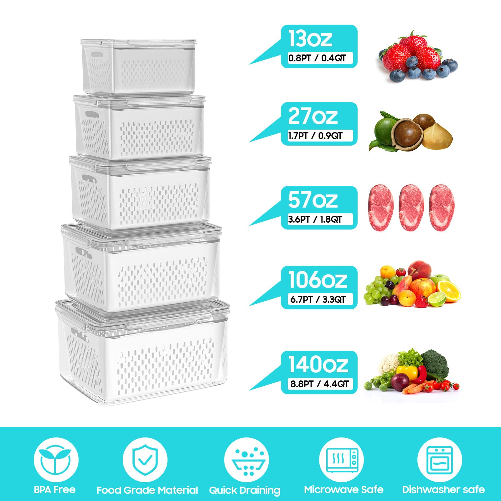 Cthglong 5 PCS Fruit Containers for Fridge, Food Storage Containers with Removable Colander, Dishwasher & Microwave Safe Produce Container, Fridge Organizers Keep Fruit, Berry, Vegetable, Fresh Longer
