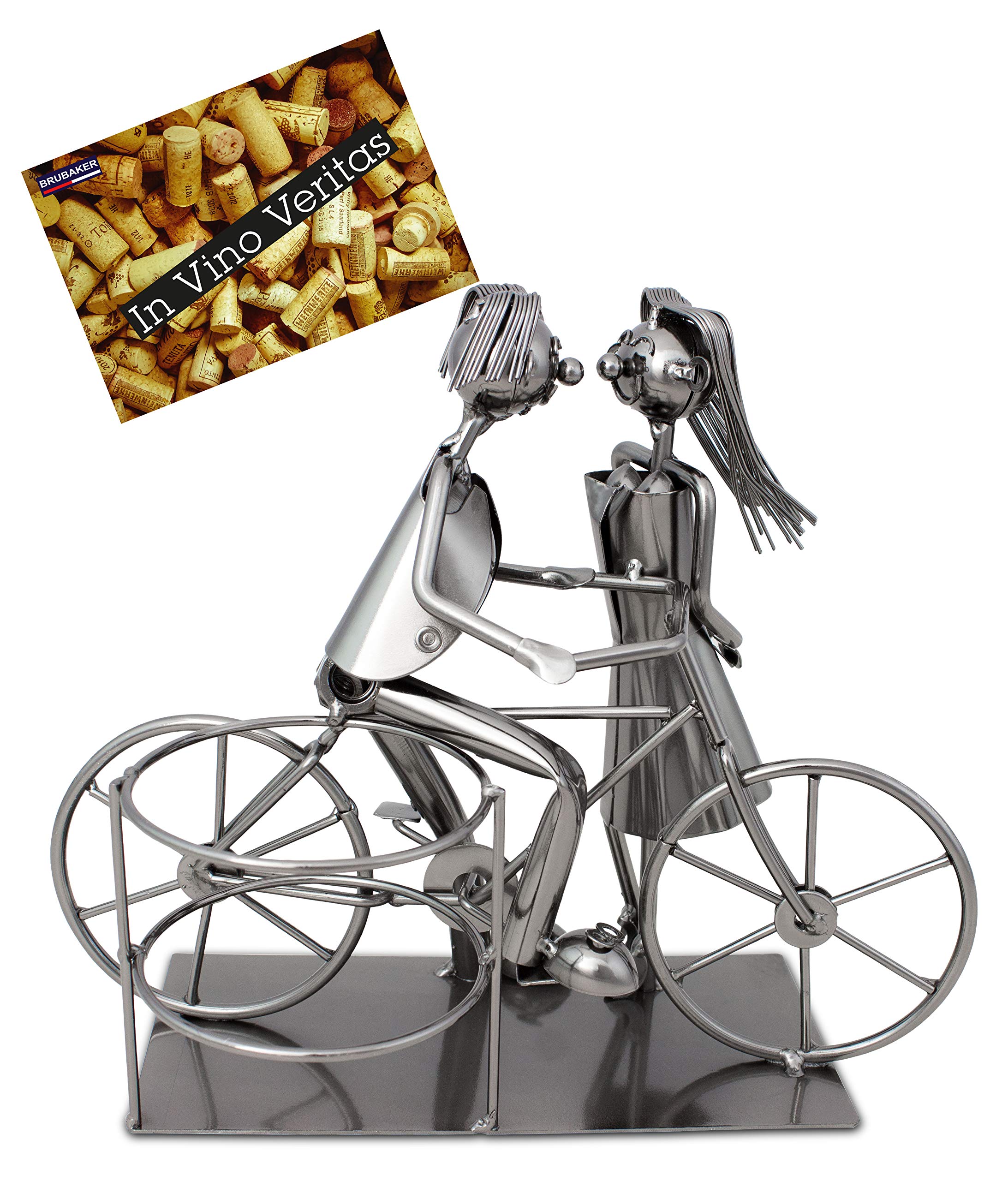 BRUBAKER Wine Bottle Holder 'Couple on Bike' - Table Top Metal Sculpture - with Greeting Card