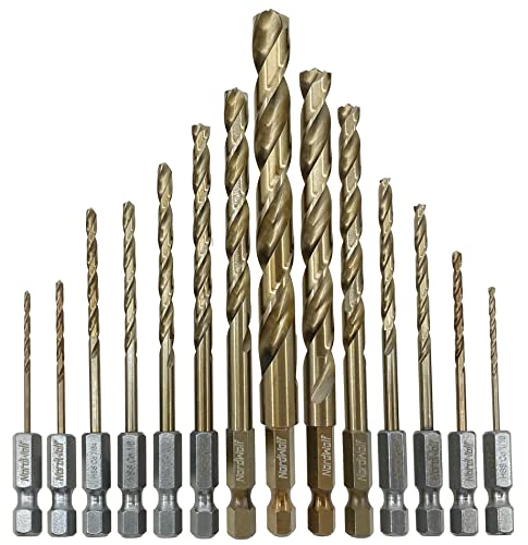 NordWolf 14-Piece M35 Cobalt Jobber Drill Bit Set for Stainless Steel, Metal, Cast Iron and Wood, with 1/4" Hex Shank for Quick Chucks & Impact Drivers, SAE Sizes 1/16" to 3/8" in Storage Box