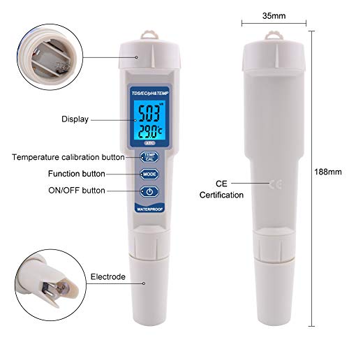 Cusstally 4 in 1 TDS PH Meter PH/TDS//Temperature Meter Digital Water Quality Monitor Tester for Pools, Drinking Water, Aquariums