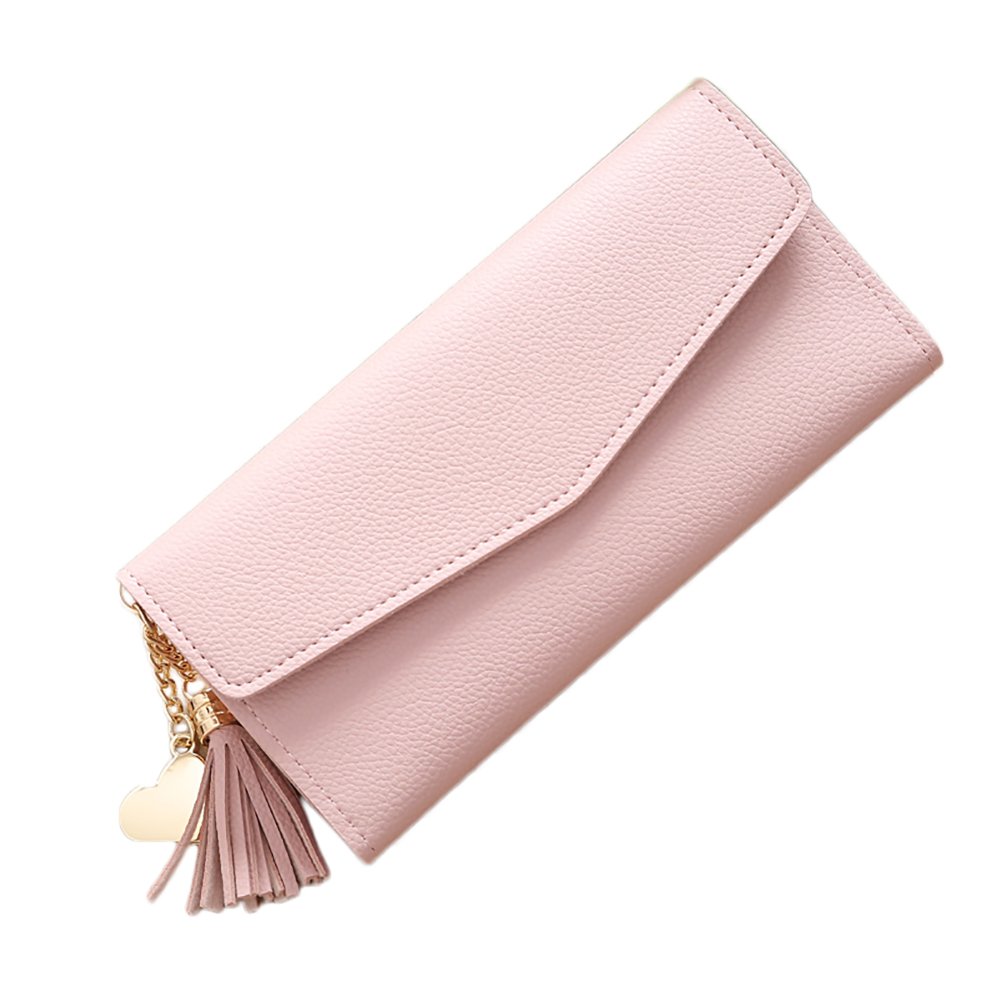 mogen886 Fashion Long Wallet Bags Card Slot Tassel Heart Pattern Charm Coin Purses Clutch Bag Light Pink