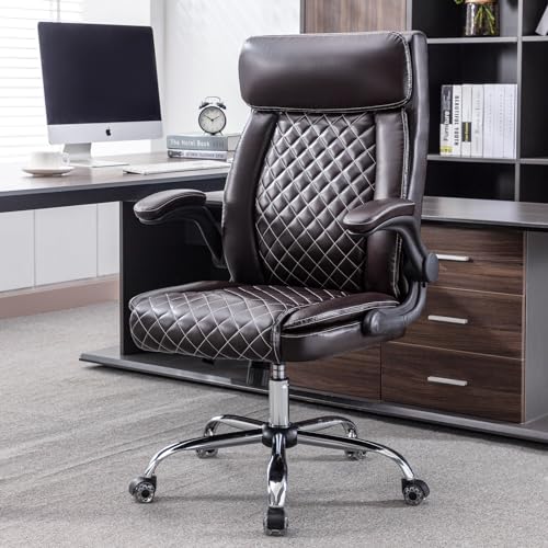 Executive Office Chair Ergonomic Desk Chair, High Back Computer Chair with Adjustable Lumbar Support,Padded Flip-Up Arms Home Office Chair, Upholstered Swivel Work Chair for Long Hours