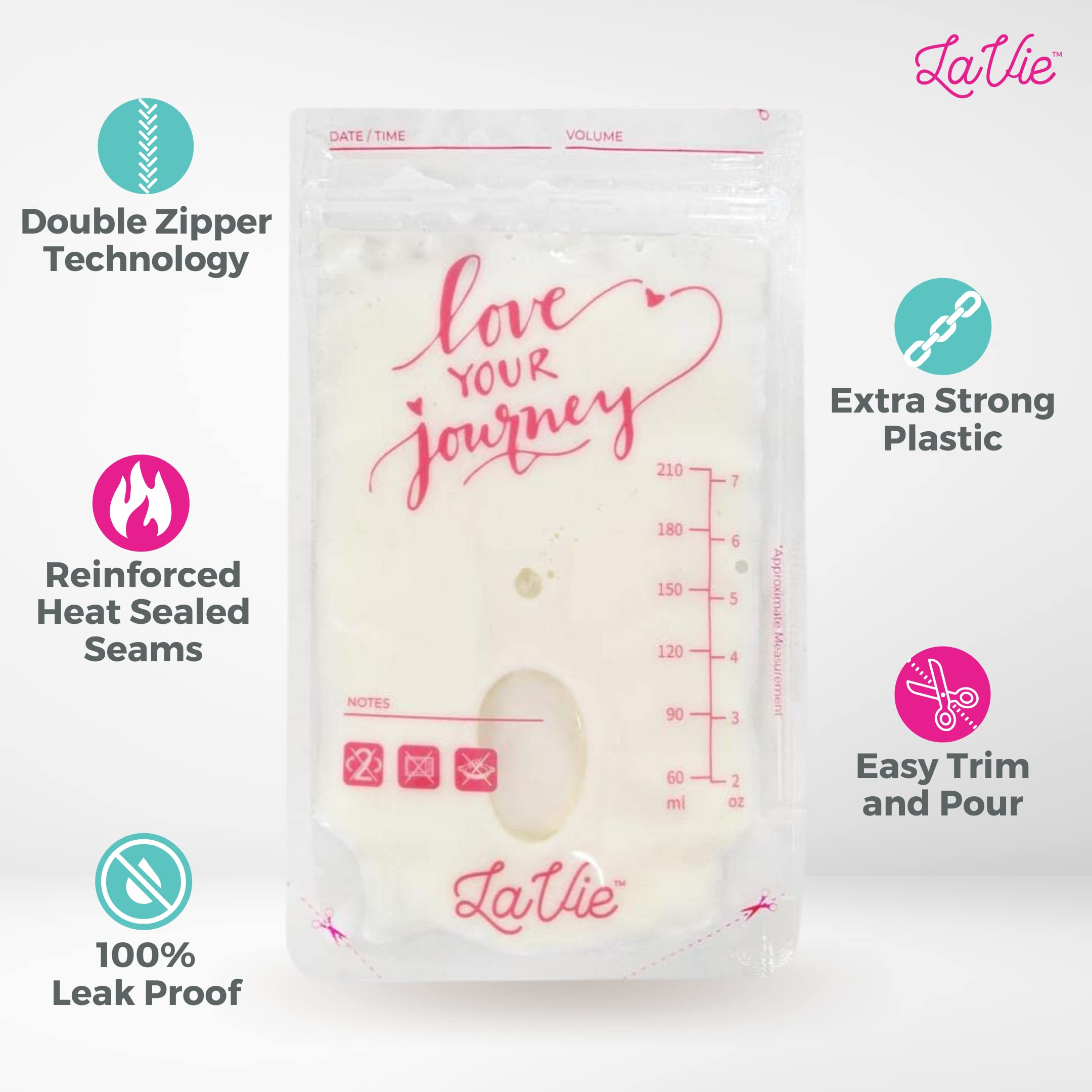 LaVie Breast Milk Storage Bags, 50 Count, 7 Ounce, Pre-Sterilized Breast Milk Containers, Leak-Proof, Space Saving, Self Standing for Refrigerating or Freezing Breast Milk (Pink)