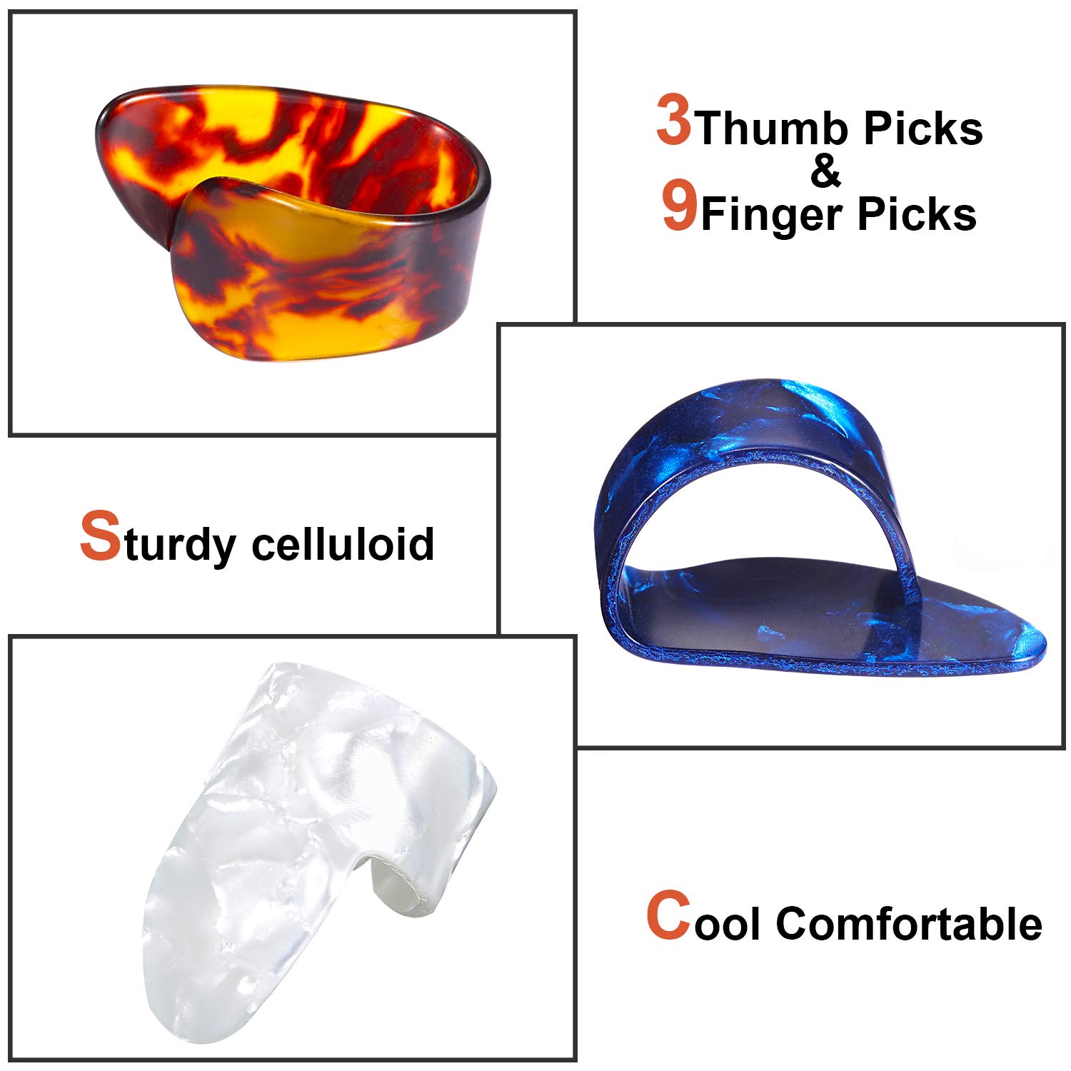 Thumb Picks Finger Picks, Medium, Flat Thumbpicks, Celluloid Guitar Thumb Finger Picks with Storage Box Case (12 Pieces, Thumb Finger Picks)