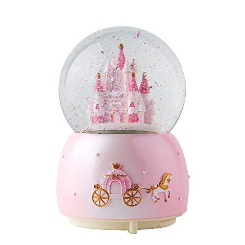 Music Boxes Crystal Carousel Rotating Unicorn Snow Box with Colorful Changed LED Light,Great Gift for Kids Girls (Castle Pink)