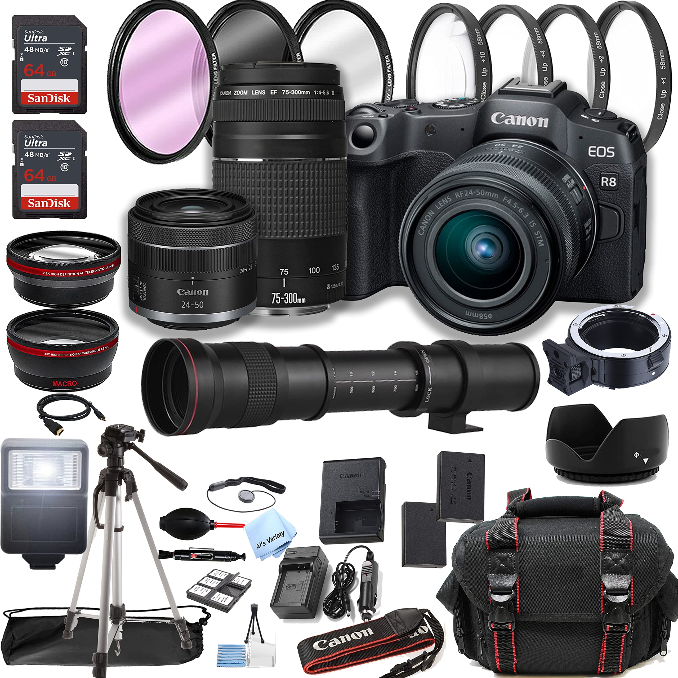 Canon EOS R8 Mirrorless Digital Camera with RF 24-50mm f/4.5-6.3 is STM Lens + 75-300mm Lens + 420-800mm Super Telephoto Lens + 128GB Memory + Case + Tripod + Filters (45pc Bundle)