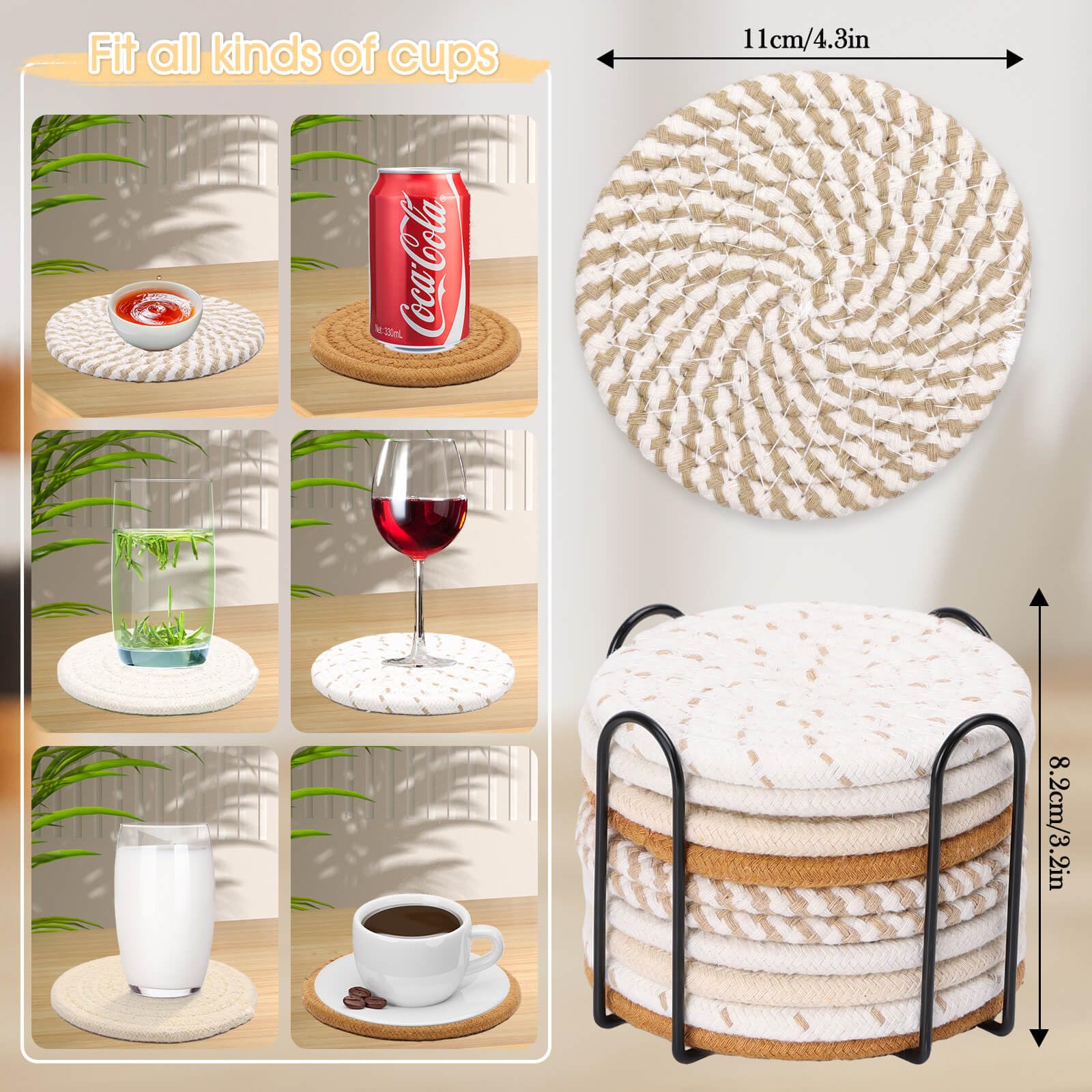 Billbotk 10 Pieces Boho Coasters for Drinks, Absorbent Drink Coasters with Holder, Cute Coaster Set for Boho Home Decor, Apartment Decor Aesthetic, Living Room Essentials, 4.3 Inches