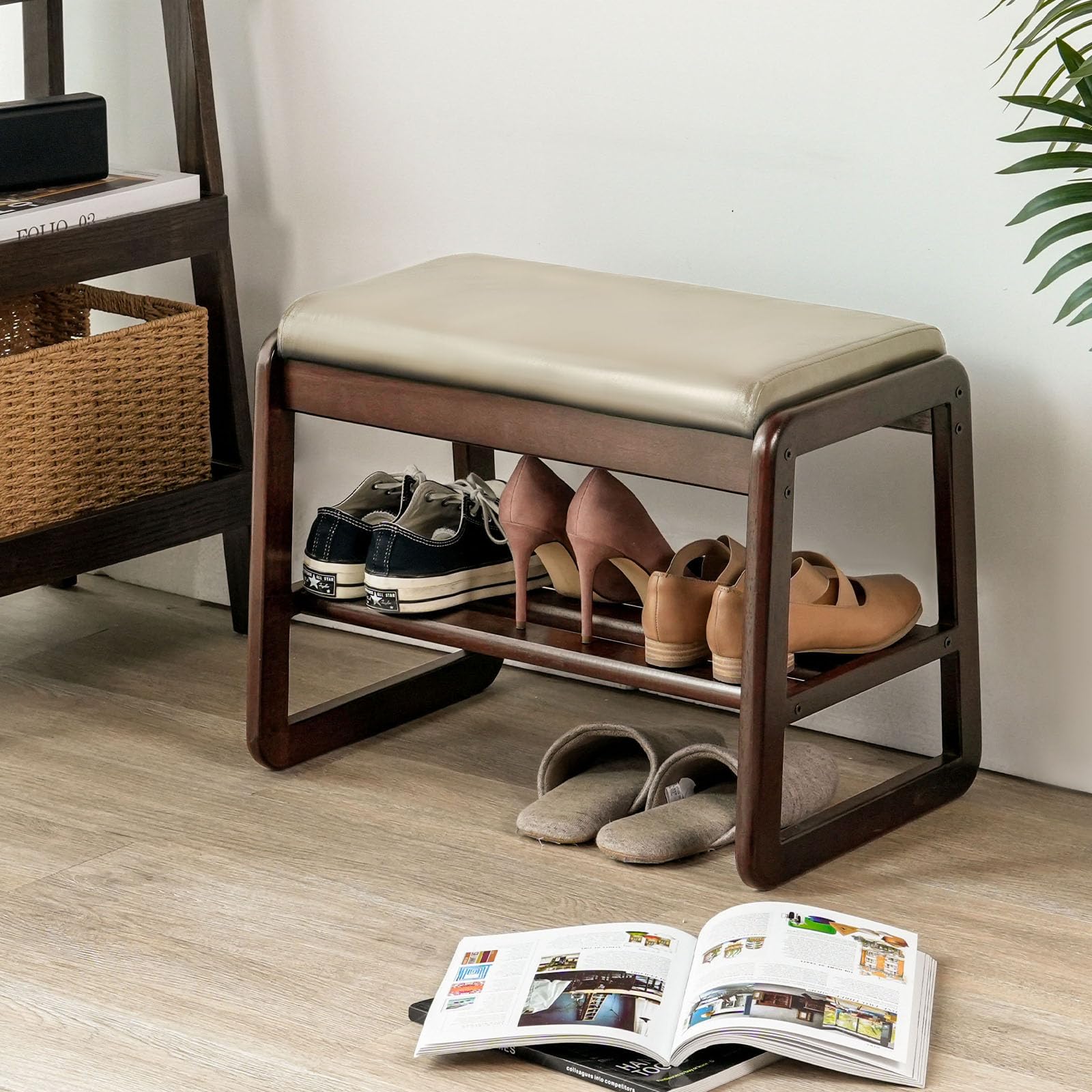 Cttasty Shoe Bench, Entryway Bench with Leather Cushion, Solid Wood Shoe Rack, Mid Century Modern Bench, Shoe Storage, Shoe Organizer for Entryway, (Grey), 21.7 L x 11.8 D x 16.5 H Inches