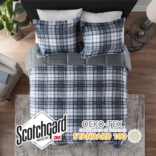 Madison Park Essentials Parkston Plaid Comforter, Matching Sham, 3M Scotchguard Stain Release Cover, Hypoallergenic All Season Bedding-Set, Twin/TwinXL, Grey, 2 Piece