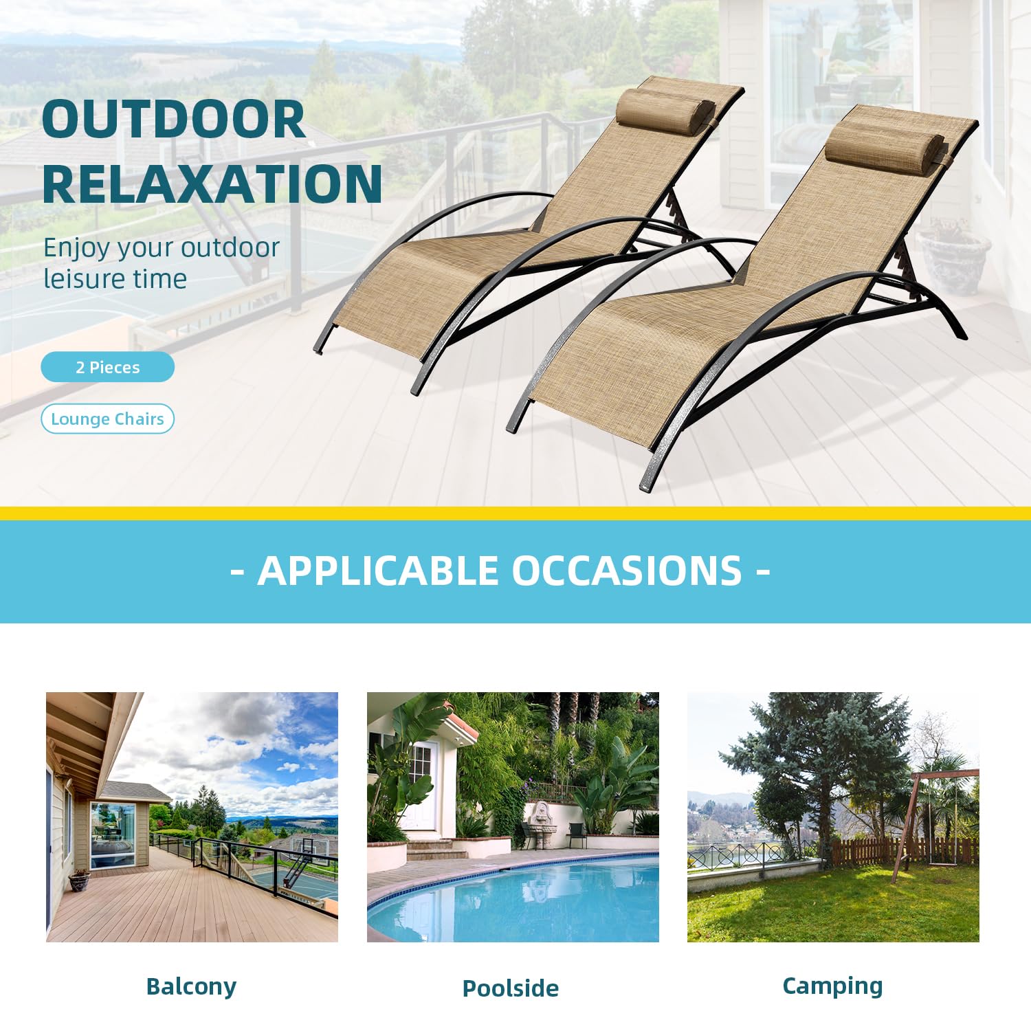 EROMMY All-Weather Textiline Recliner Chairs Set of 2 Outdoor Lounge Chairs with Adjustable Backrest (Arc Brown, Set of 2)