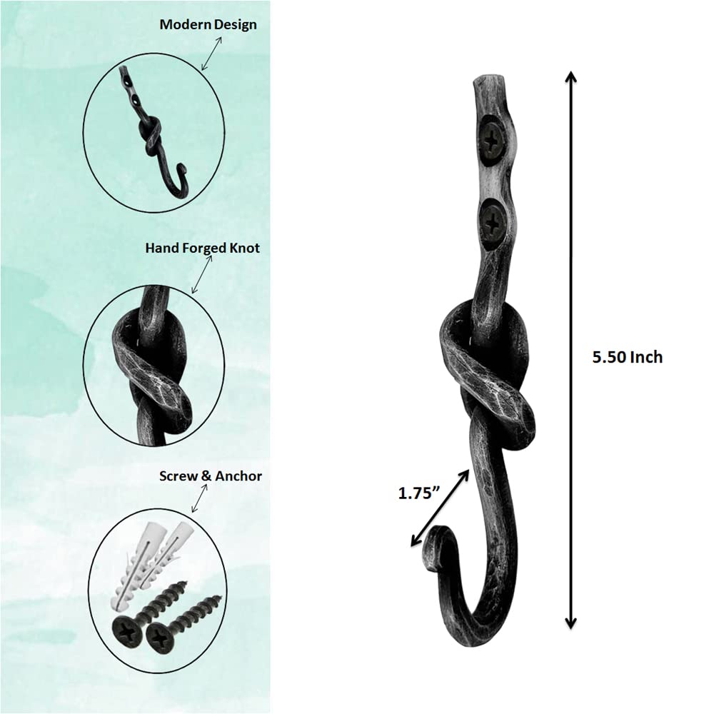 Living Ideas Hand Forged Metal Knot Wall Hook Wrought Iron Handmade Wall Mounted Coat Hook Blacksmith Metal Wall Kitchen Towel Hooks Rack Black Antique Finish Wall Hooks
