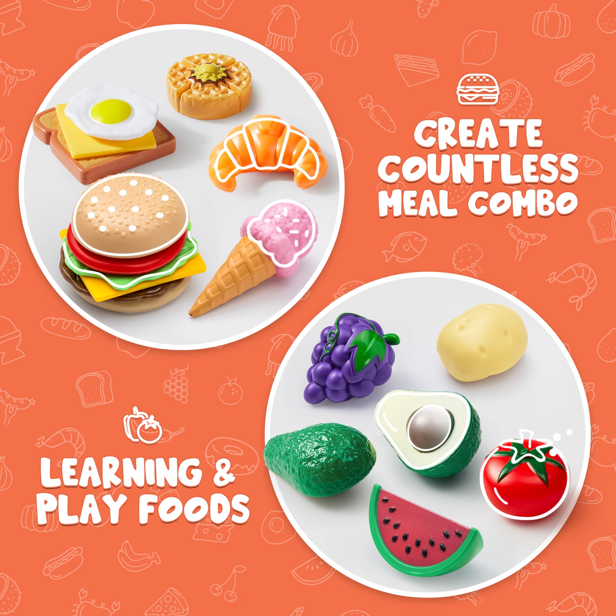 Joyin 50 Piece Set of Kitchen Toys, Dinnerware, Dummy Fruits, Vegetables, Plastic Accessories for Children Educational Learning Toy, Role Play Gift