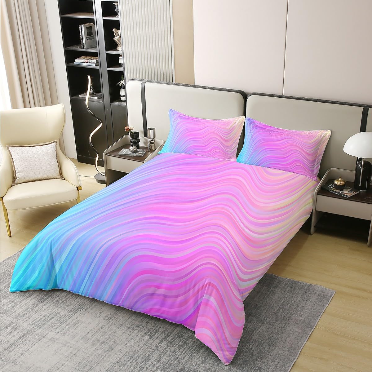 Erosebridal 100% Organic Cotton Rainbow Comforter Cover, Girls Bright Iridescent Striped Inspired Curved Lines Gradient Tie Dye Effect Hippie Comfy Bedding Set, Full Size, Teal Pink