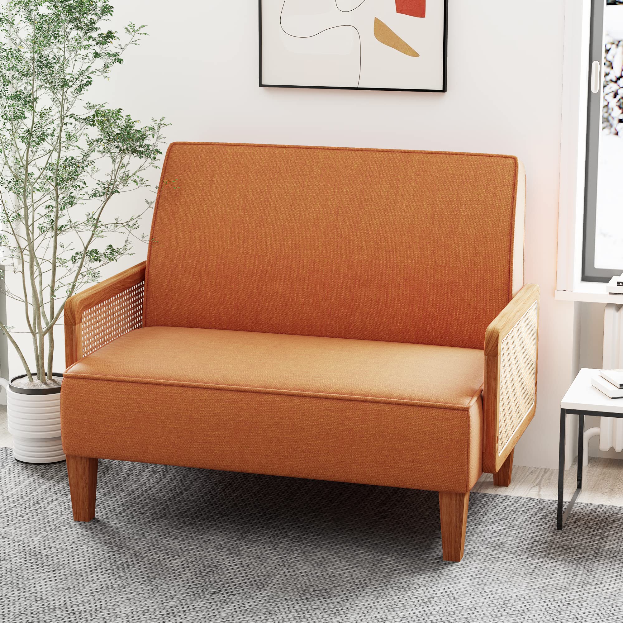 WENTMENT Loveseat Sofa Small Couch for Living Room Love Seat with Natural Rattan Armrest and Solid Wooden Legs Small Sofa for Small Space, Bedroom, Apartment(Orange)