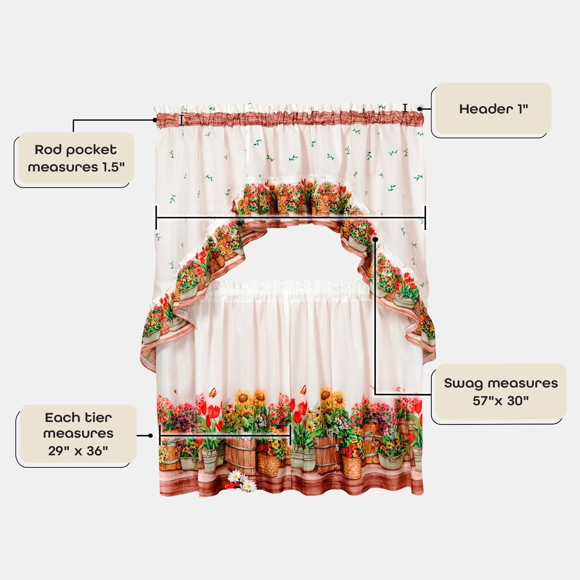 Light Filtering Printed Tier & Swag Window Curtain Set - 36 Inch Length, 57 Inch Width - Country Garden - Machine Washable Polyester Drape for Kitchen, Living, & Dining Room by Achim Home Decor
