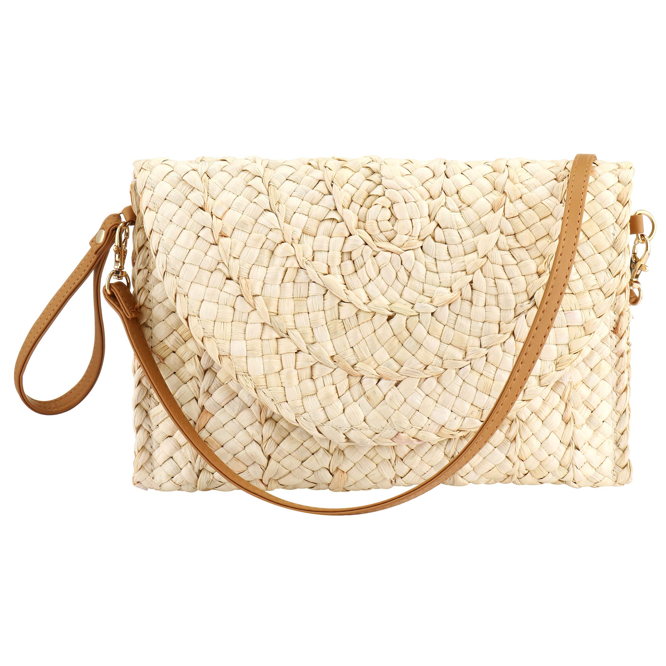 Rkrouco Women's Straw Clutch Summer Beach Bags Crossbody Straw Bag Woven Purse with Bag Strap