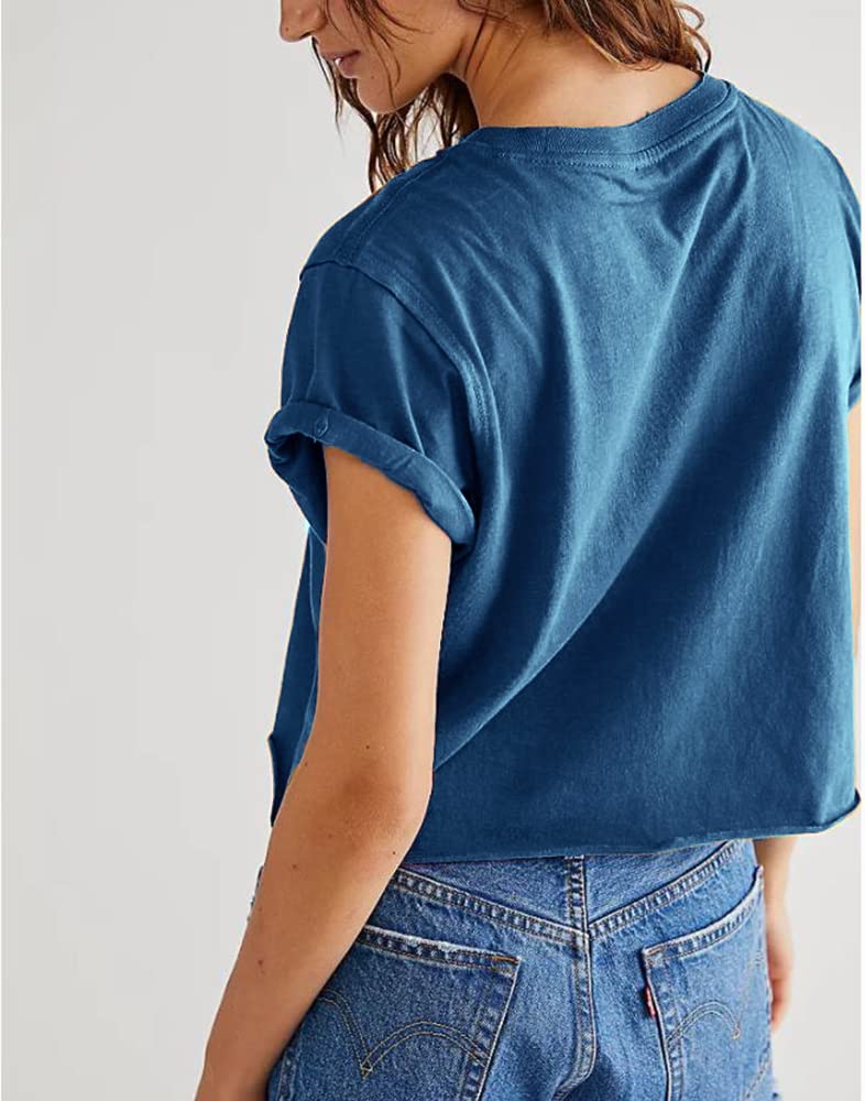 Carpetcom Women's Casual Loose Fit Short Sleeve Tee Shirts Soild Basic Gym Yoga Running Workout Trendy Crop Tops Teal