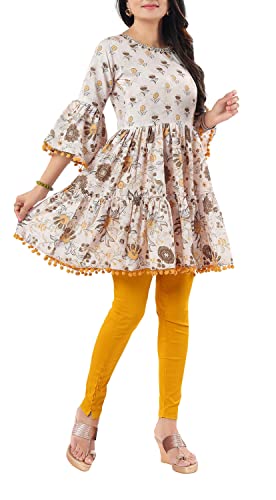 IshDeena Indian Anarkali Kurtis for Women - Kurta, Boho, Tunic Tops - Frock and Peplum Style Rayon Printed M to Plus Size (Cream - b23id5/Medium)