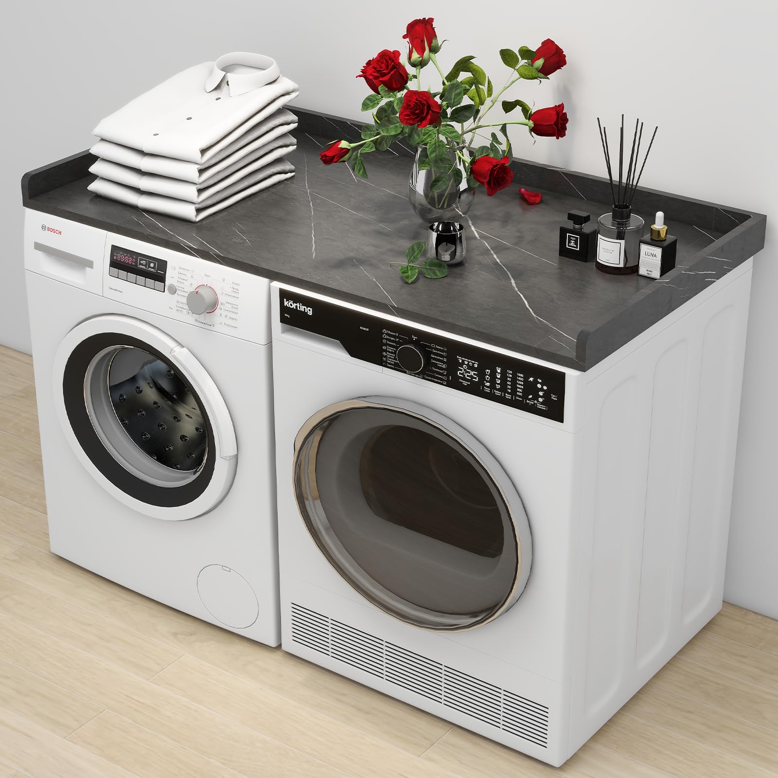 dooloric Washer Dryer Countertop, Laundry Counter top with Edge Rails Non-Slip Pads,27.6" Depth x 54" Width Wood Topper for Washer Dryer,Laundry Machine Cover for Storage and Organization Oak
