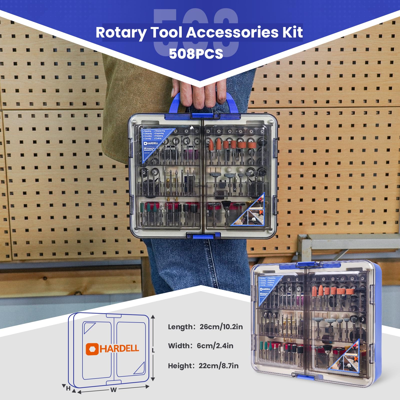 HARDELL Rotary Tool Accessories, Fits Dremel Rotary Tool, 508PCS Power Rotary Tool Bits with 1/8"(3.2mm) Diameter Shanks, Universal Fitment for Sanding, Drilling, Polishing, Carving, Polishing