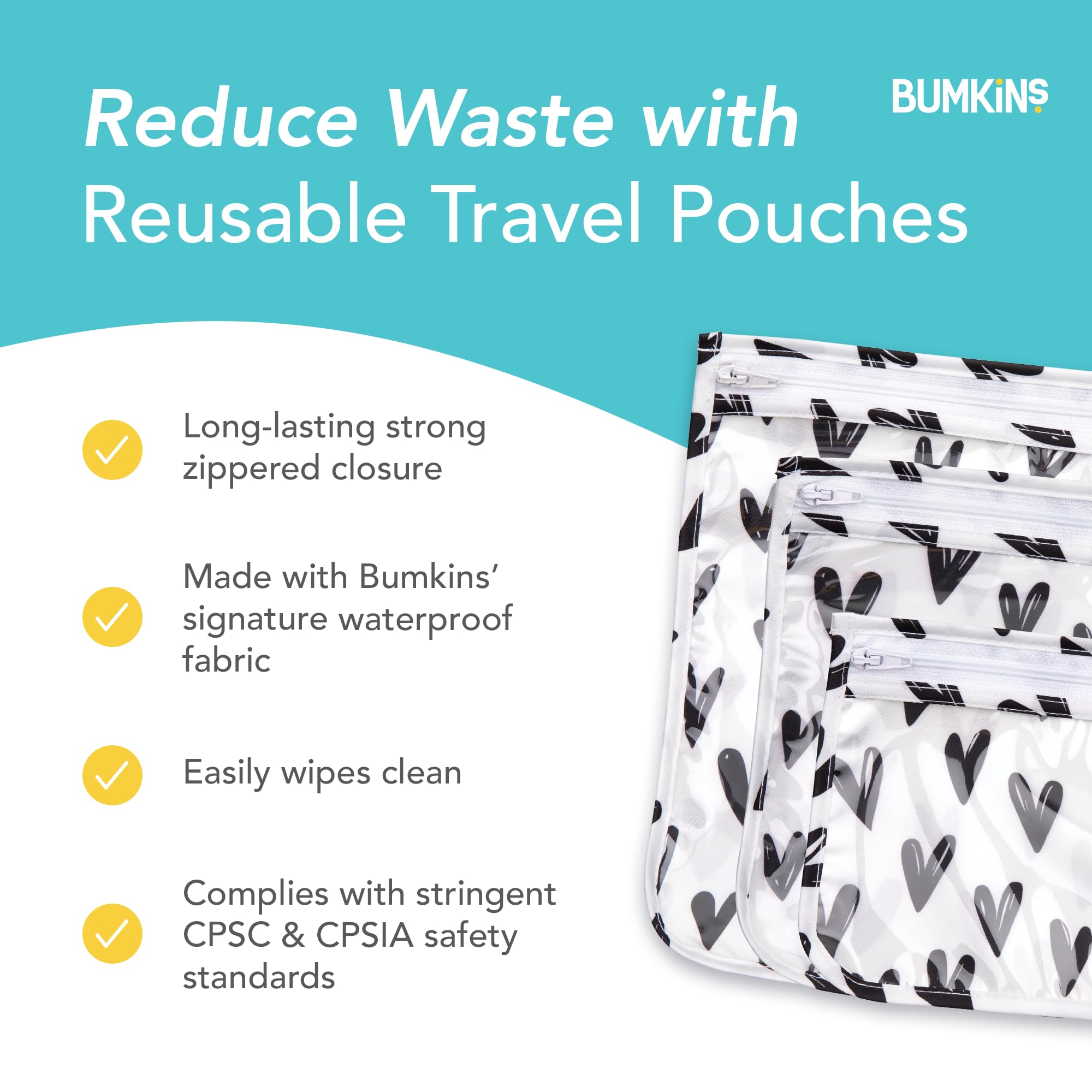 Bumkins Travel Bag, Toiletry, TSA Approved Pouch, Zip Bag, Quart Size Airline Compliant, Clear-Sided, Baby, Diaper Bag Organization, Makeup, Accessories, Packing, Set of 3 Sizes, Black Hearts