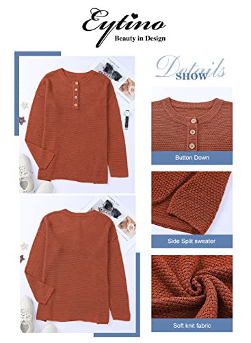 Eytino Womens Plus Size Waffle Knit V Neck Sweater Casual Long Sleeve Side Slit Button Henley Pullover Jumper Top,2X Red