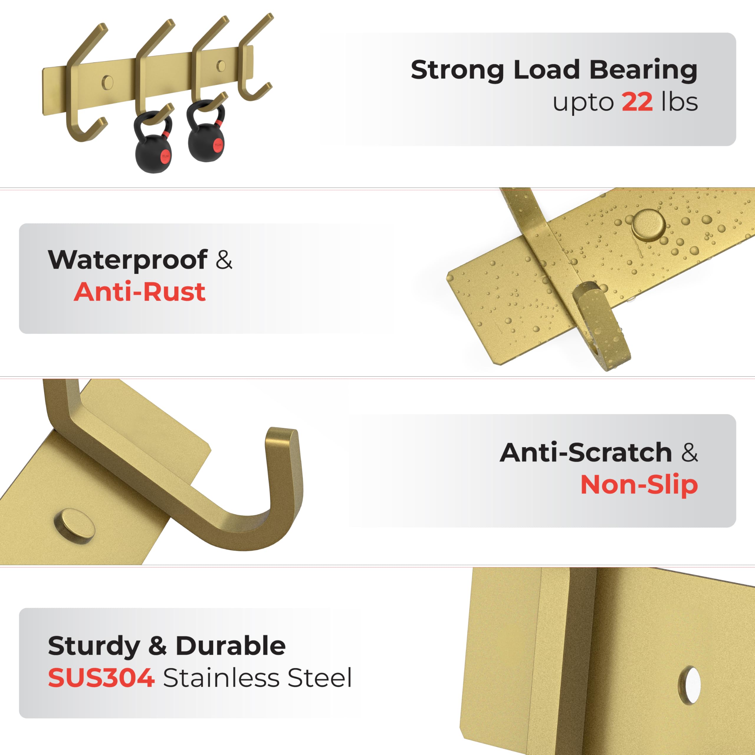 SAYONEYES Brushed Gold Coat Rack Wall Mount with 4 Double Hooks for Hanging – 12 Inch Heavy Duty SUS304 Stainless Steel Rustic Coat Hooks – Hat, Clothes, Purse, Towel Wall Hooks – 1 Pack