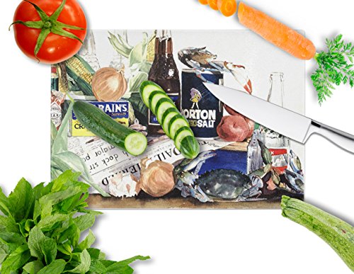 Caroline's Treasures 1002LCB Barq's, Crabs, and spices Glass Cutting Board Large Decorative Tempered Glass Kitchen Cutting and Serving Board Large Size Chopping Board
