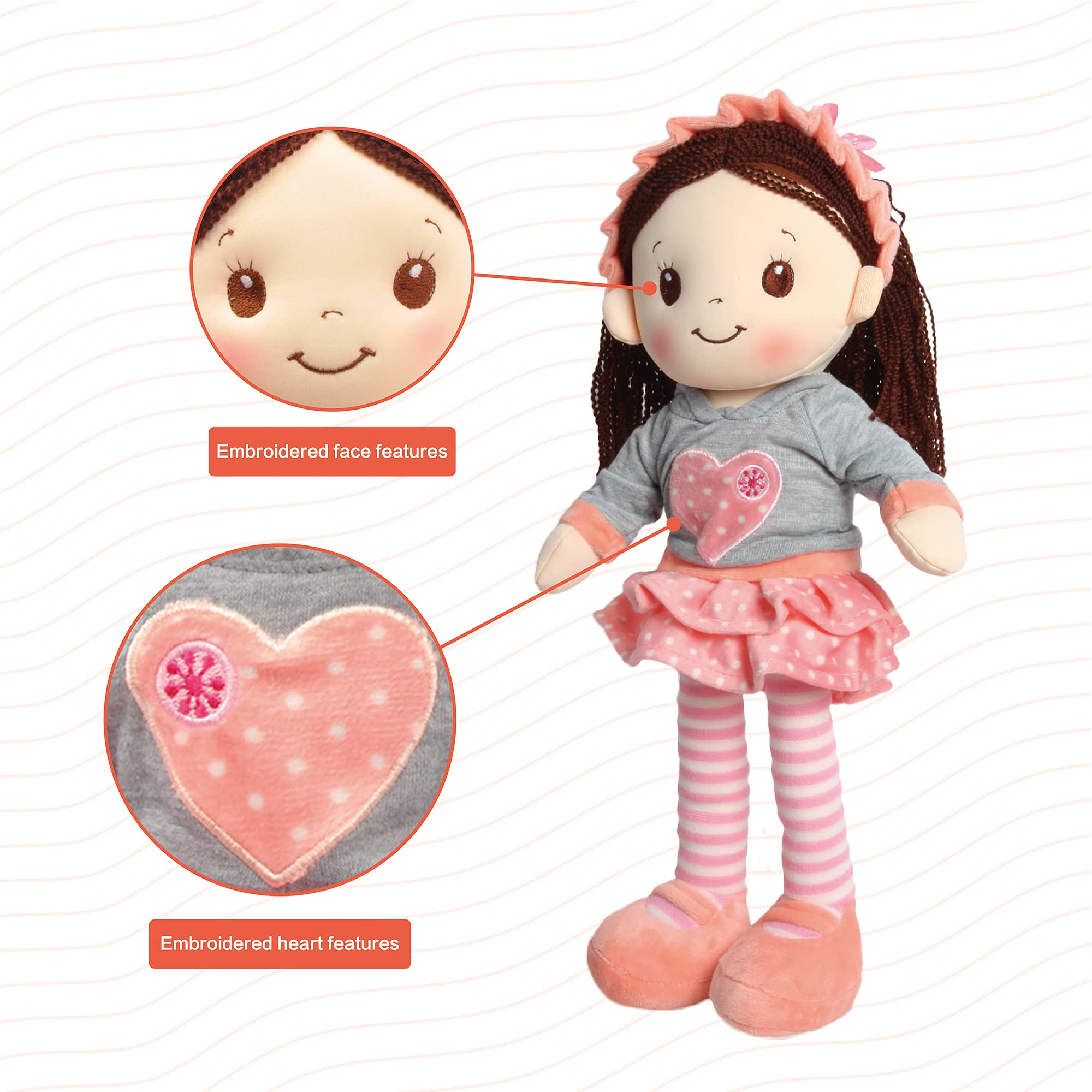Linzy Toys, Peach 16" Jane Rag Doll, Sleeping Cuddle Buddy for Toddlers, Infants and Babies, Muñecas de trapo para niña, First Doll for Kids, Safe for All Ages.