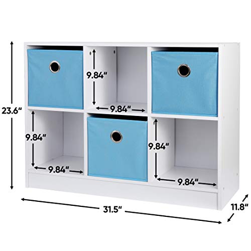 Nouva 3x2 Cubic Organizer 6 Cube Storage Bookcase Wooden Bookshelves Toy Organizers with 3 Non-Woven Bins for Bedroom Living Room, White&blue