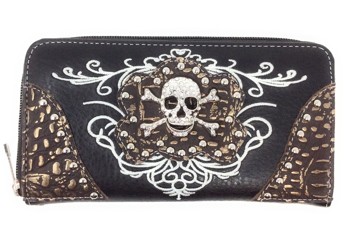 Texas West Women's Embroidered Metal Skull Purse Handbag and Wallet set in 7 colors (Black Set)