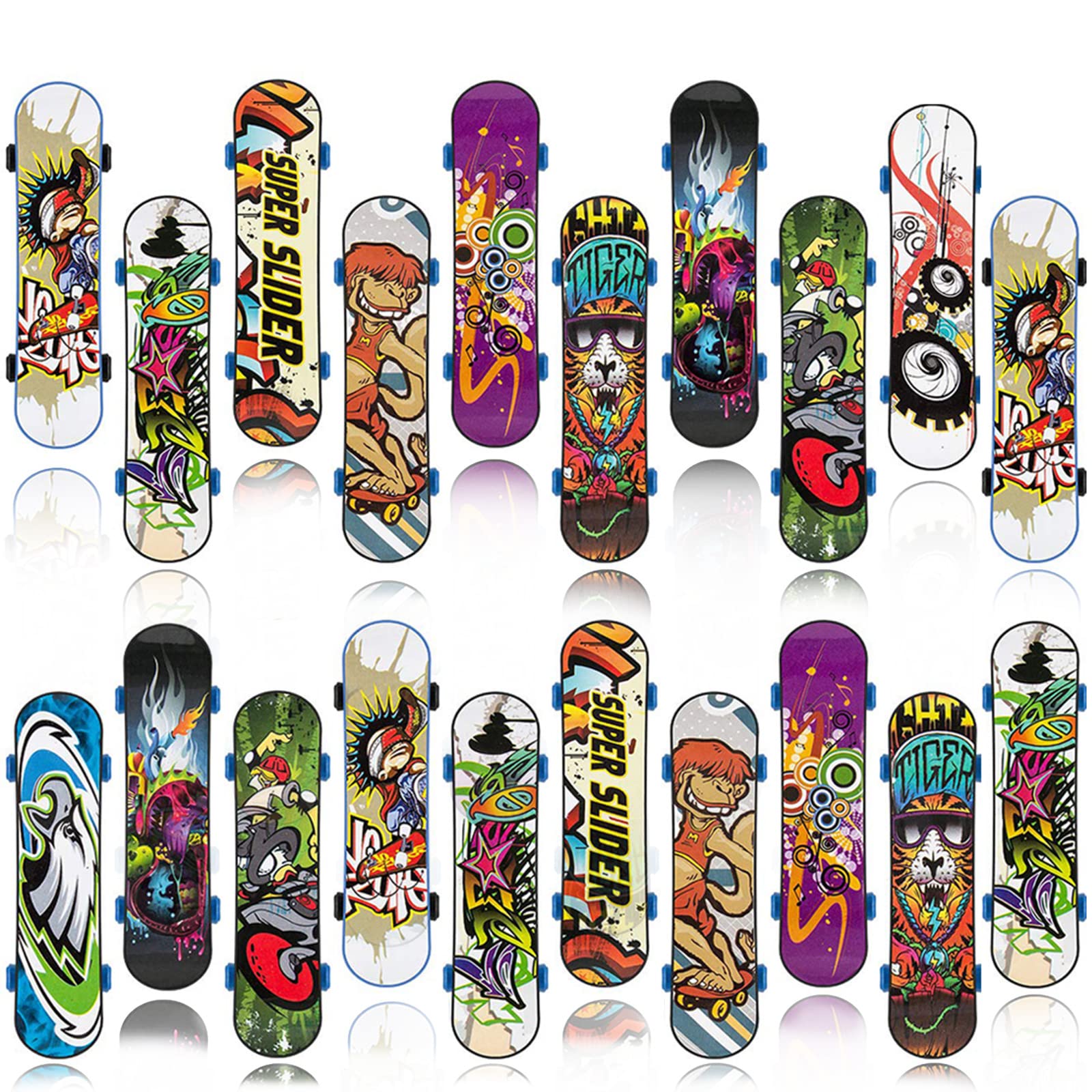 RONGYI Finger Skateboard Set, 20 Pieces Finger Skateboard Professional Mini Fingerboards Skatepark Game Keychain Decoration for Skateboard Lovers Gifts for Children, One Sided Pattern