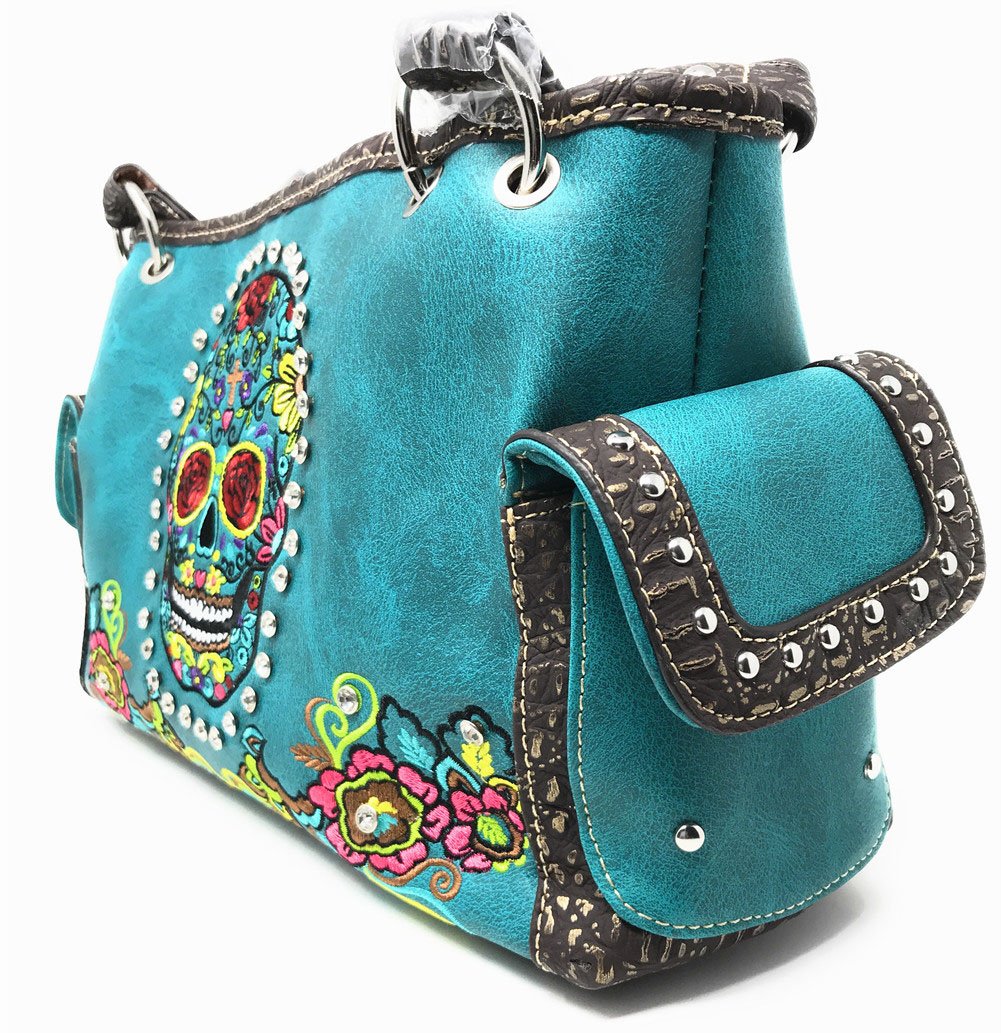 Texas West Women's Embroide Sugar Skull Handbag Purse Wallet Set in Multi Color (Turq)