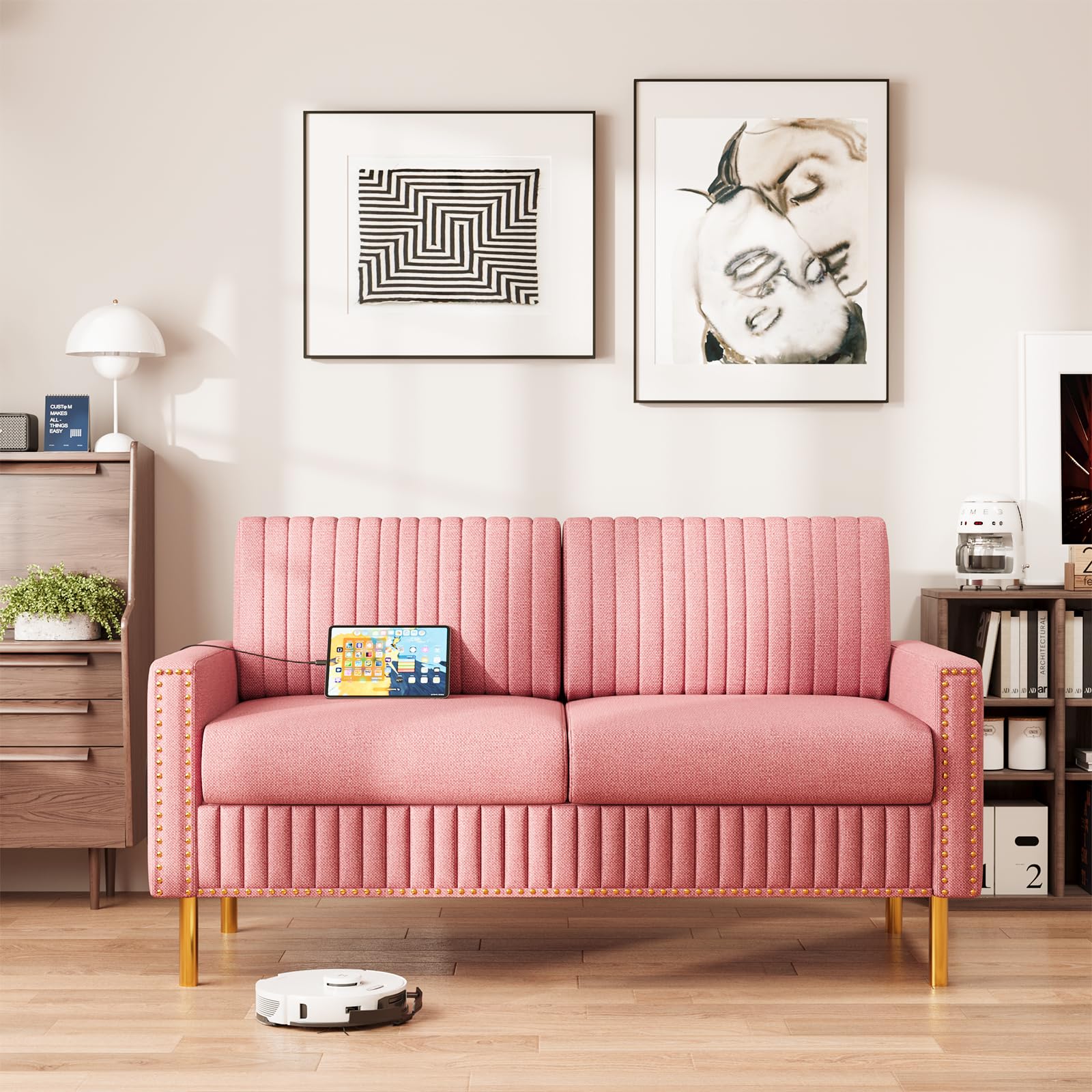 Fameill 65" Loveseat Sofa, Comfy Couch with Rivet Hemming, Mid Century Modern Couch with Deep Seat Soft Cushion, USB & Type-C Charging Port, Upholstered Small Couch for Bedroom, Living Room, Pink