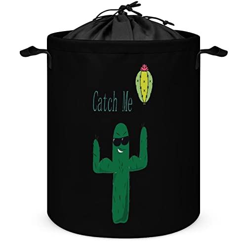 Cactus Balloon Laundry Basket Round Collapsible Storage Bin with Drawstring and Handle for Bedroom Bathroom Toys Room 17.3" X 13.8"