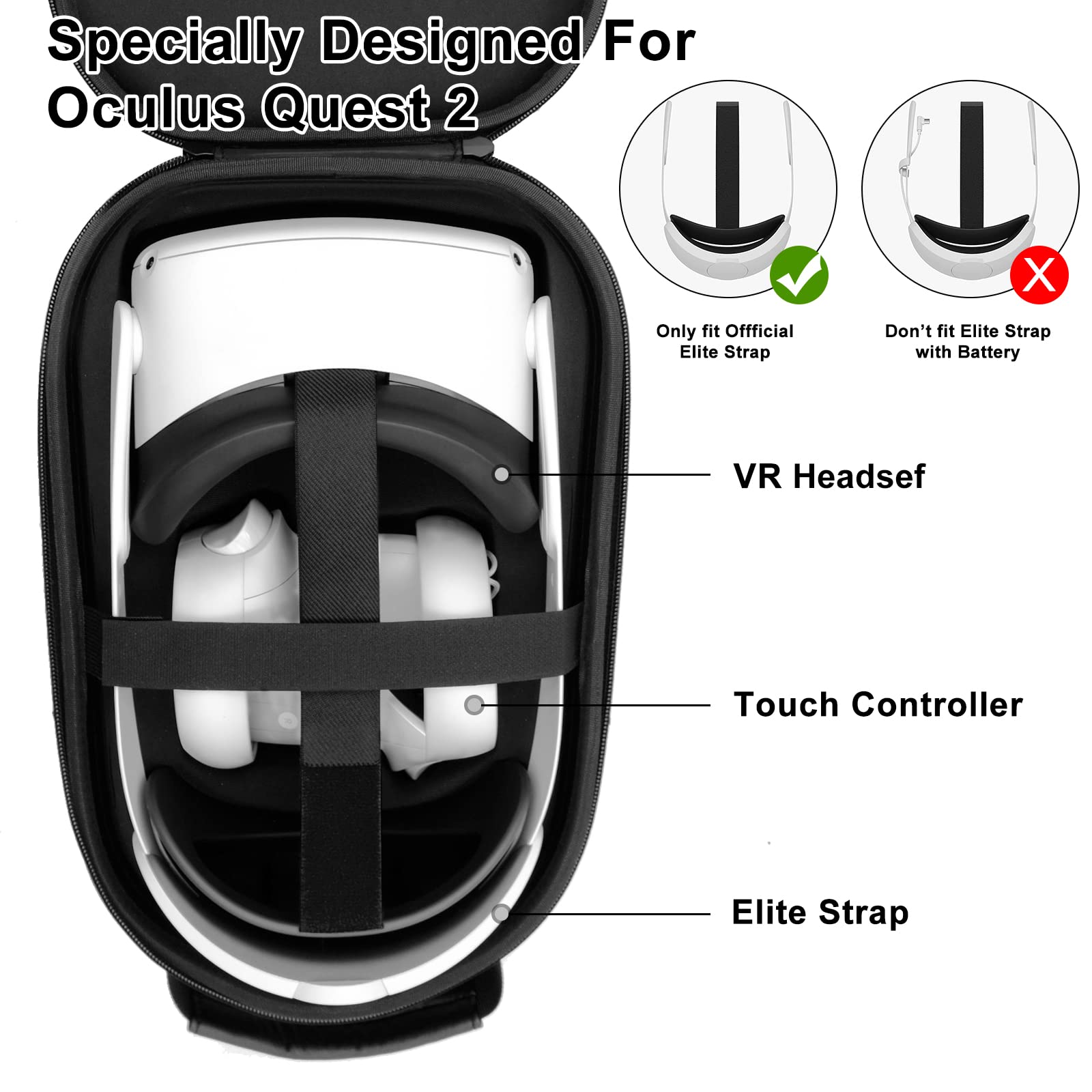 Case for Oculus Quest 2, Hard travel Case for Oculus Quest 2 VR Headset with Officaial Elite Strap,Touch Controllers Accessories,Virtual Reality Gaming Carrying Case with Silicone Face Mask,Lens Cover