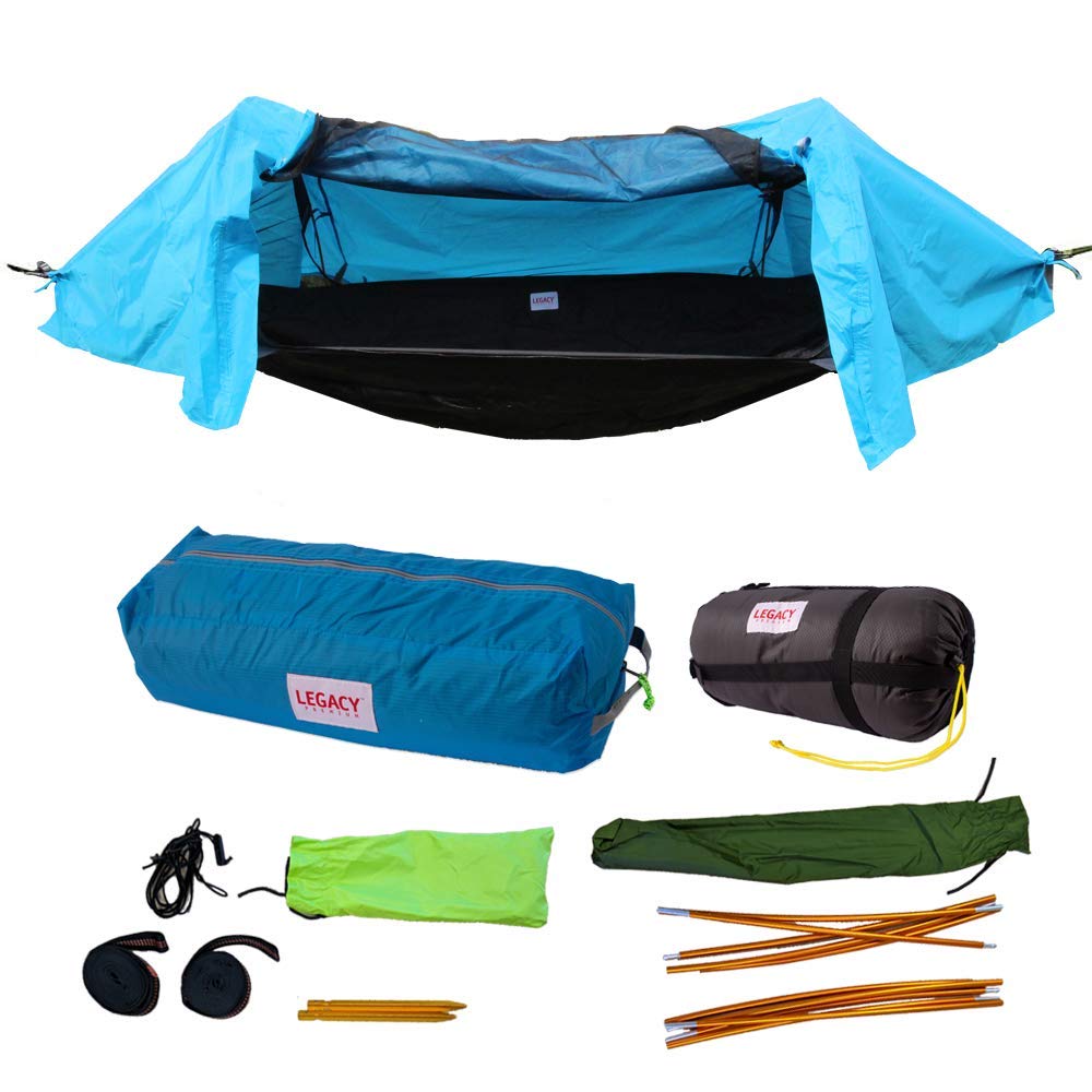 Camping Hammock Tent - Green w/Underquilt - Parachute Nylon - Portable, 1 Person Compact Backpacking - Outdoor & Emergency Gear - Tree Straps, Tie Ropes, Mosquito Net, Rain Fly