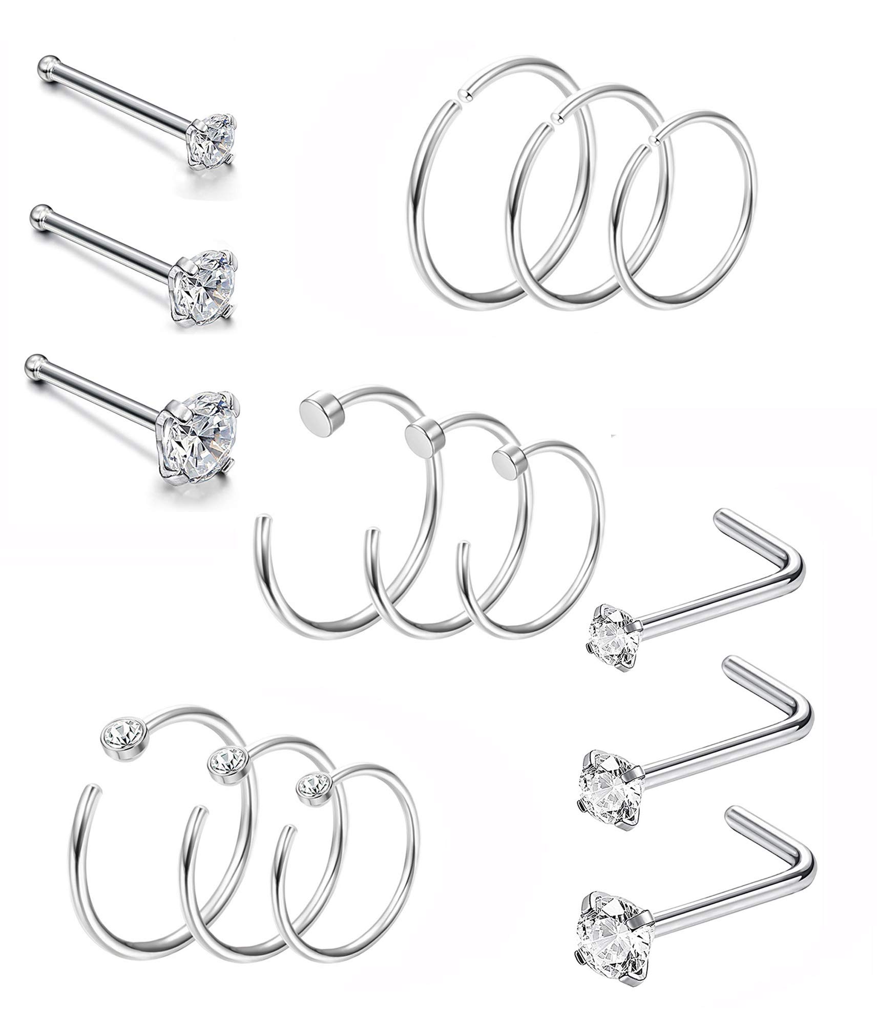 Jstyle 20G 15Pcs Stainless Steel Nose Rings Studs for Women Men Hoop Piercing Body Jewelry