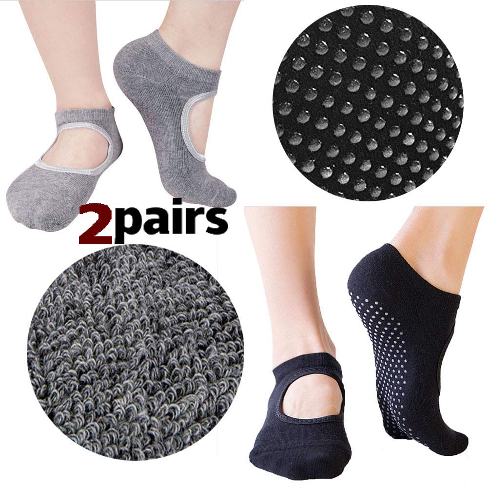 Boyizupha 2 Pairs Non Slip Yoga Socks For Women,Pilates,Barre,Ballet,Bikram,Grip Sox(Black Gray)