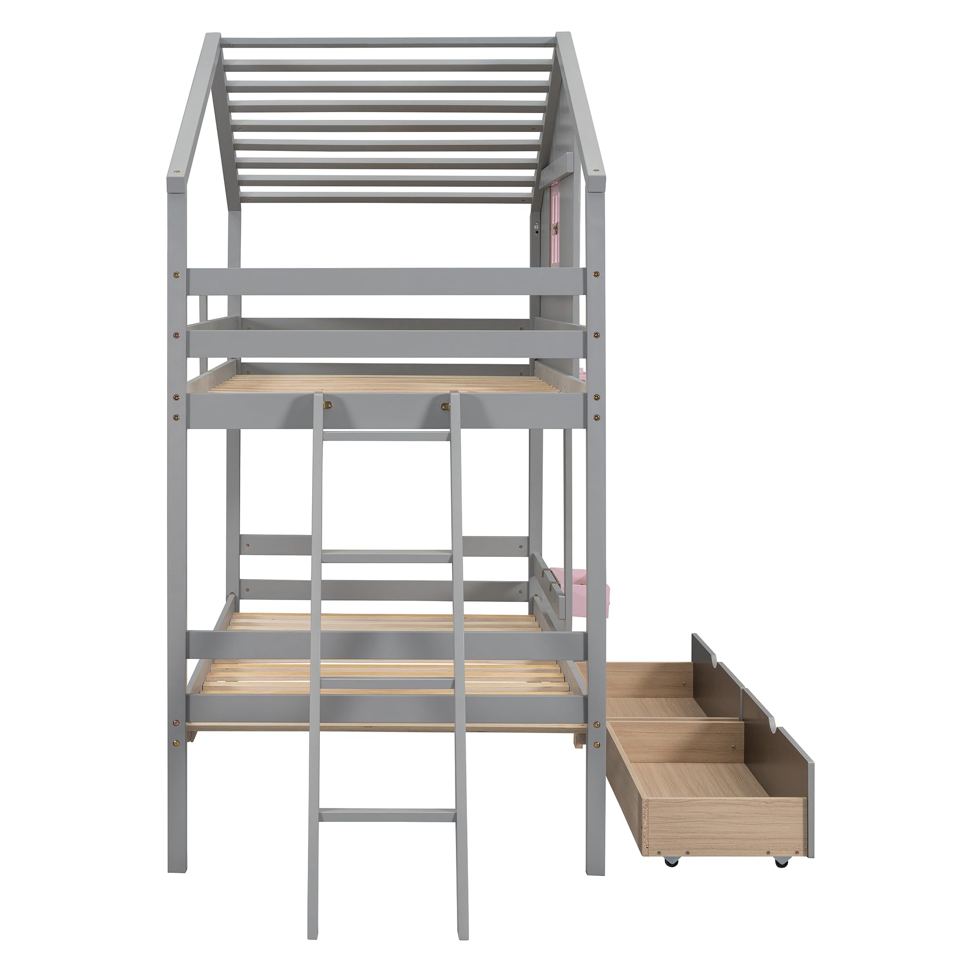 Harper & Bright Designs Twin Size House Bed Low Loft Bed Wood Frame with Storage Cabinet and Drawers, Playhouse Bed for Kids Girls Boys (White)