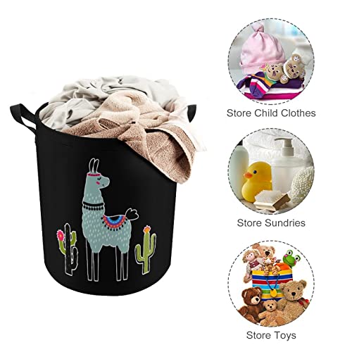 Cute Llama with Cactus Laundry Basket Round Collapsible Storage Bin with Drawstring and Handle for Bedroom Bathroom Toys Room 17.3" X 13.8"