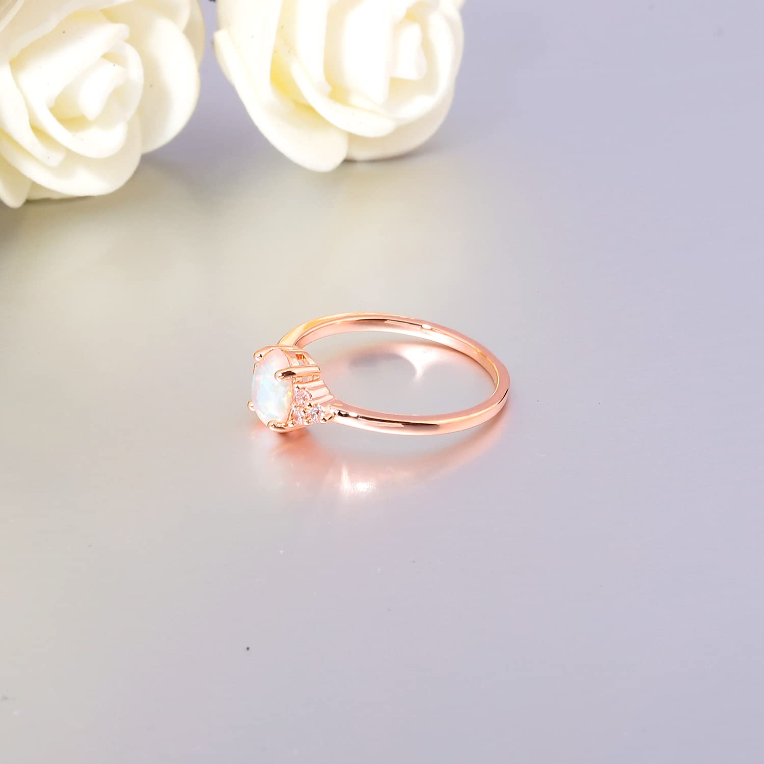 CiNily Wedding Rings for Women Eternity Band 14K Rose Gold Plated Cubic Zirconia Promise Ring Gift for Her, White Fire Opal Engagement Rings Size 6