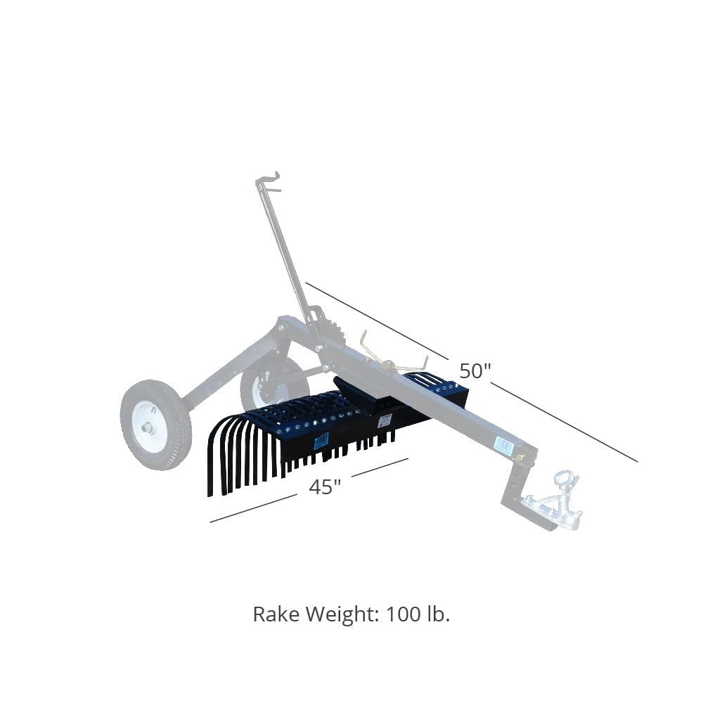 Titan Attachments 4' Landscape Rake Add-On Transformer Tow Frame, Bolt-On Rake, 24 Tines, Gardening Tool, Landscaper, and Grass Comb