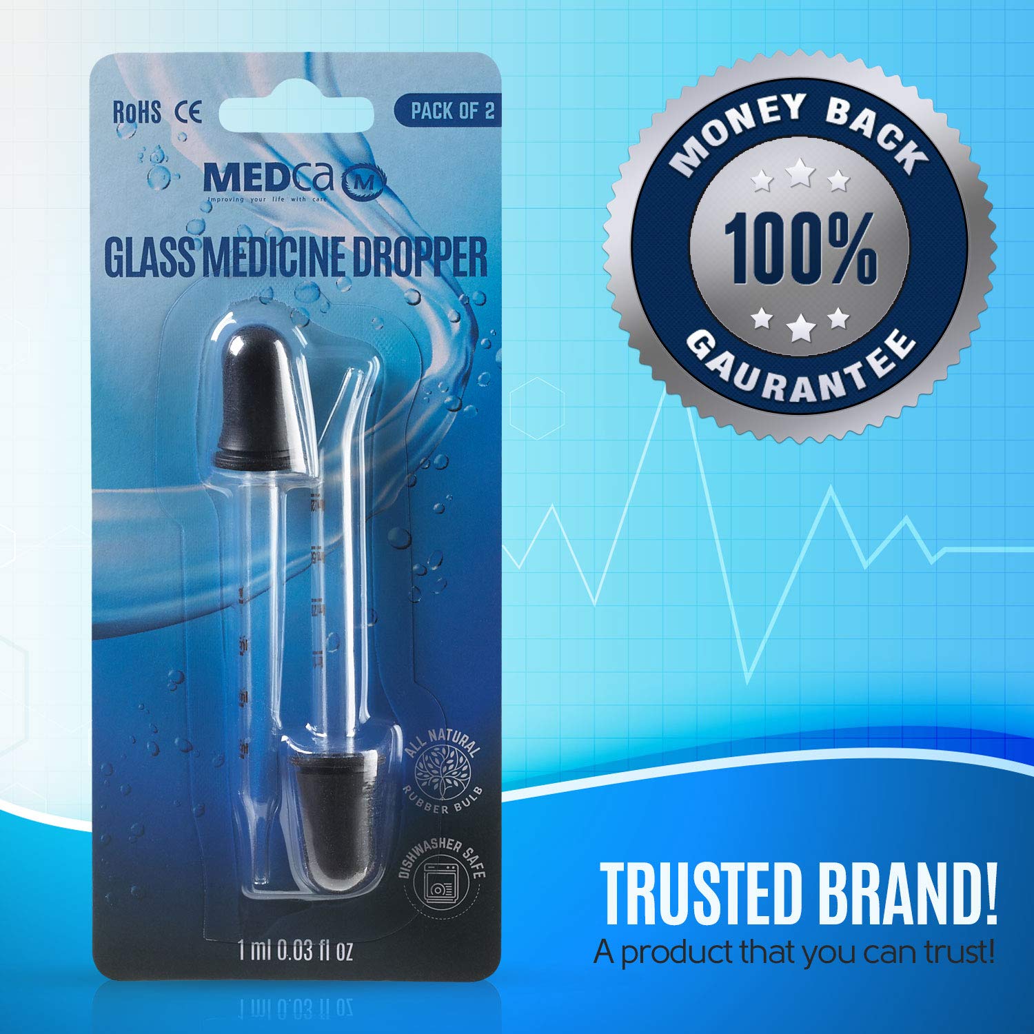 Eye Dropper - (Pack of 2) Bent & Straight Tip Calibrated Glass Medicine Droppers for Medications or Essential Oils Pipette Dropper for Accurate Easy Dose and Measurement (1 mL Capacity)