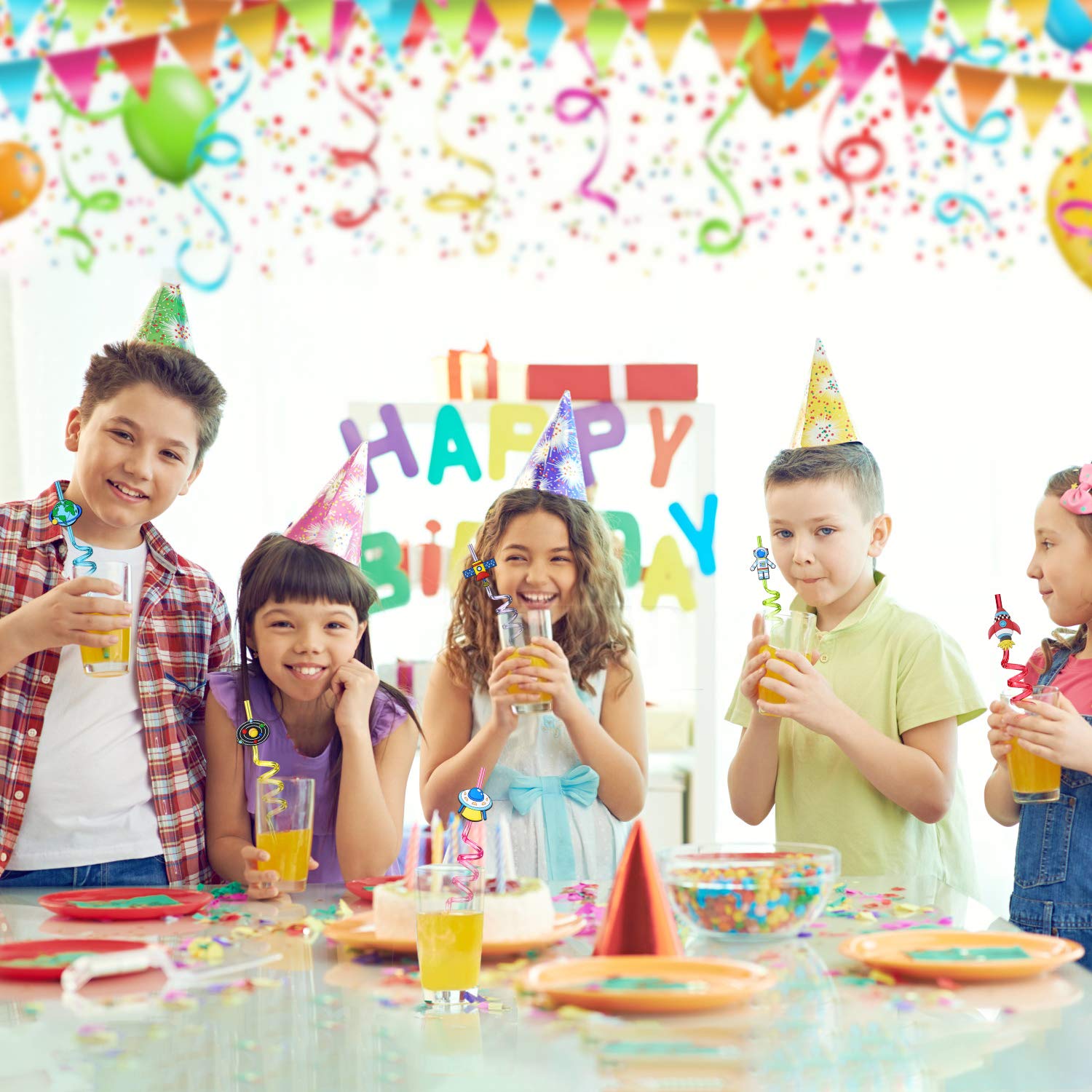 Outer Space Straws Party Favors for Theme Birthday Party Supplies with 2 Cleaning Brush | Solar System Rocket Spaceship Astronaut Satellite Planet Attachments (24+2)