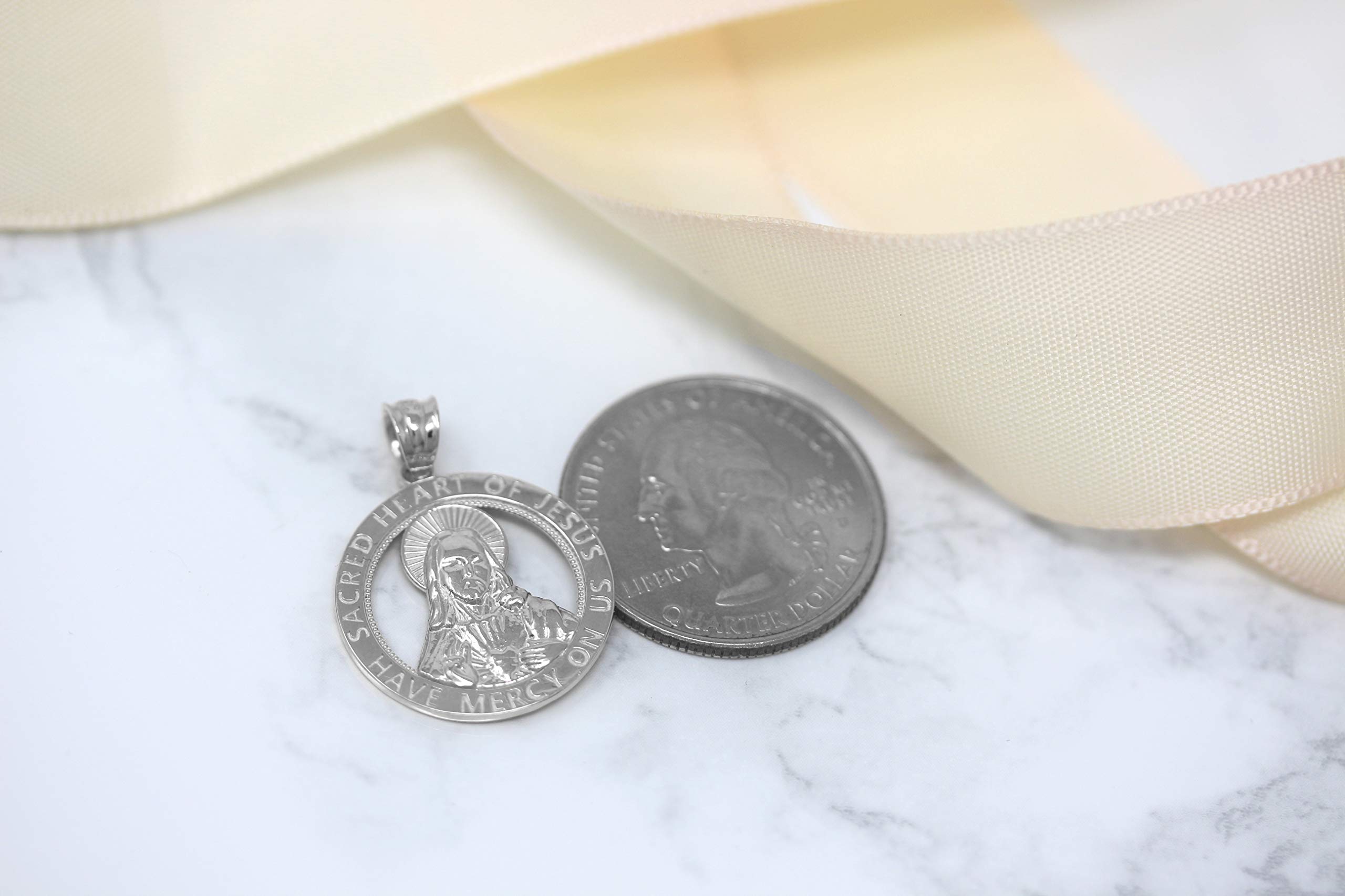CaliRoseJewelry Sterling Silver Sacred Heart of Jesus Have Mercy on Us Round Pendant