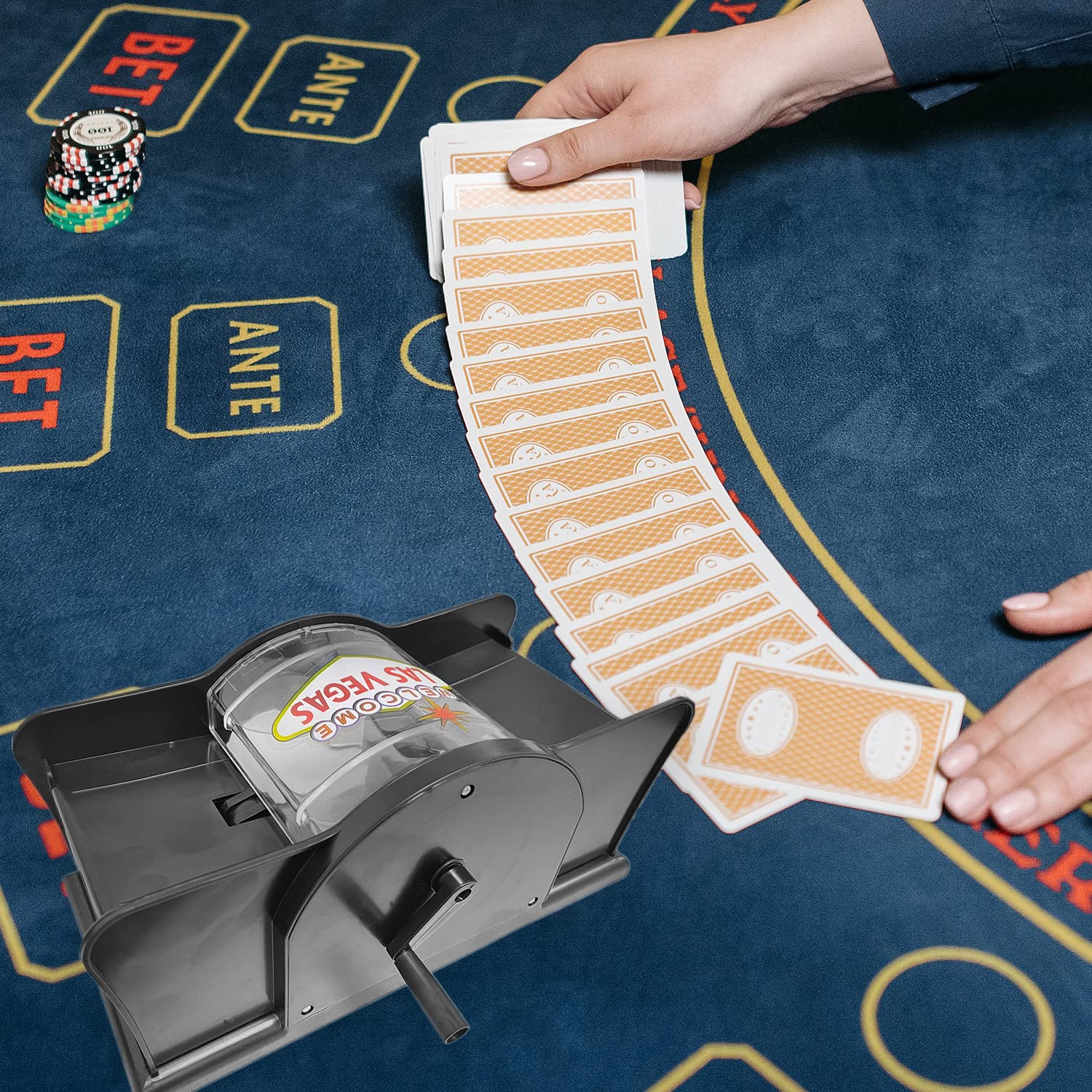 SANZHENG Card Shuffler 2 Deck, Playing Card Shuffler Manual for UNO Blackjack Texas Holdem Poker Home Card Games, Hand Cranked Card Shuffling Machine (Black)
