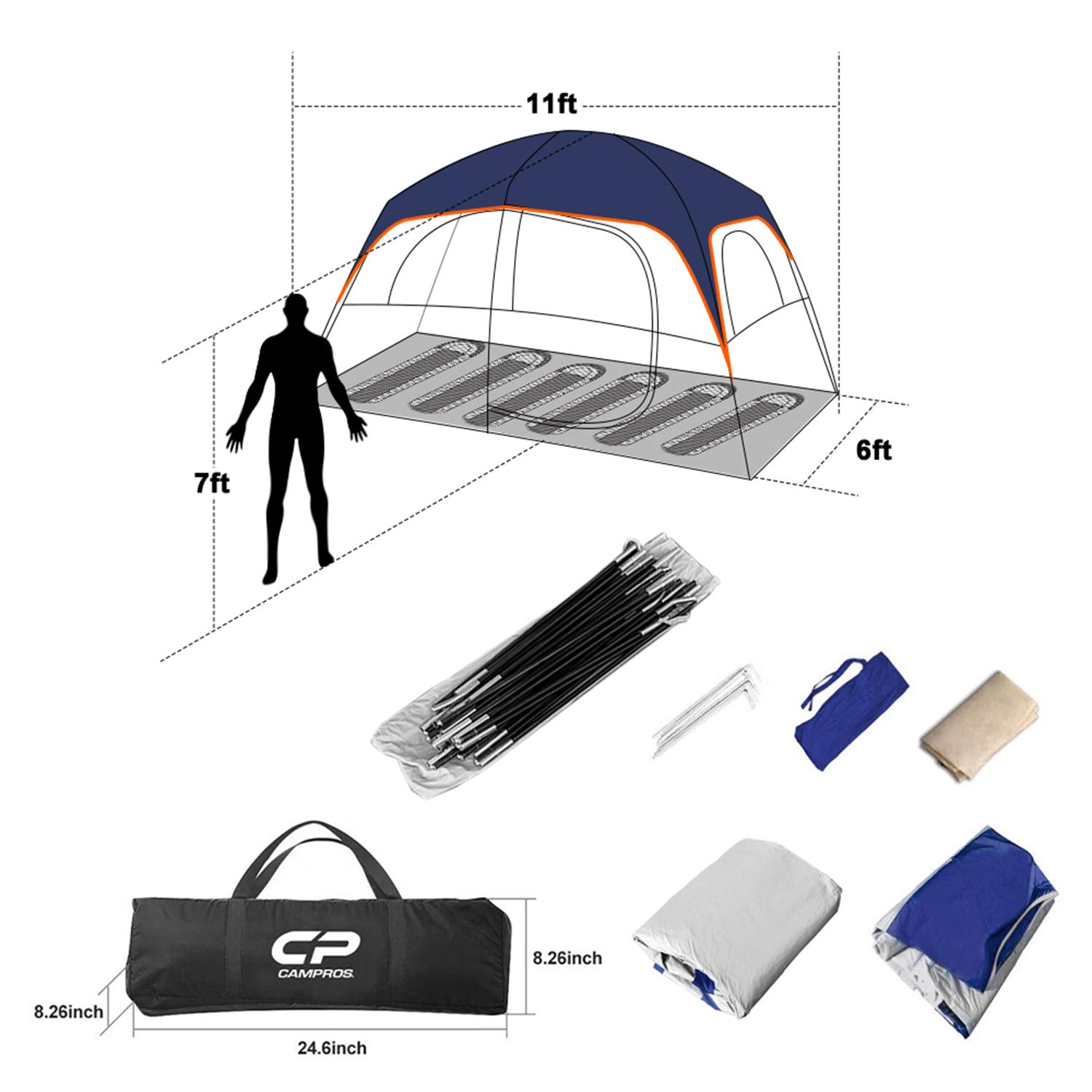 CAMPROS CP Tent-6-Person-Camping-Tents, Waterproof Windproof Family Tent with Top Rainfly, 4 Large Mesh Windows, Double Layer, Easy Set Up, Portable with Carry Bag - Blue